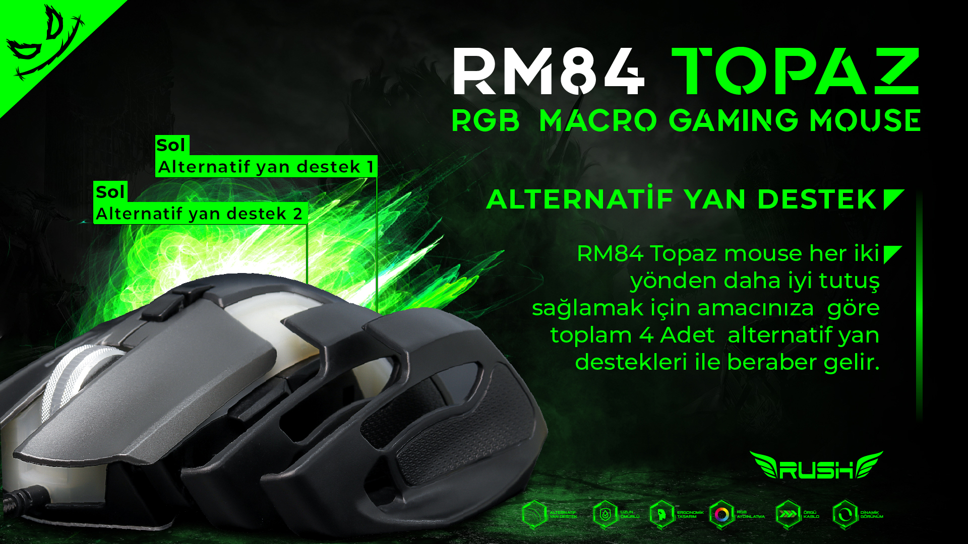 Rush Topaz RM84 10000 Dpi RGB 6d Makro Pro Oyuncu Mouse